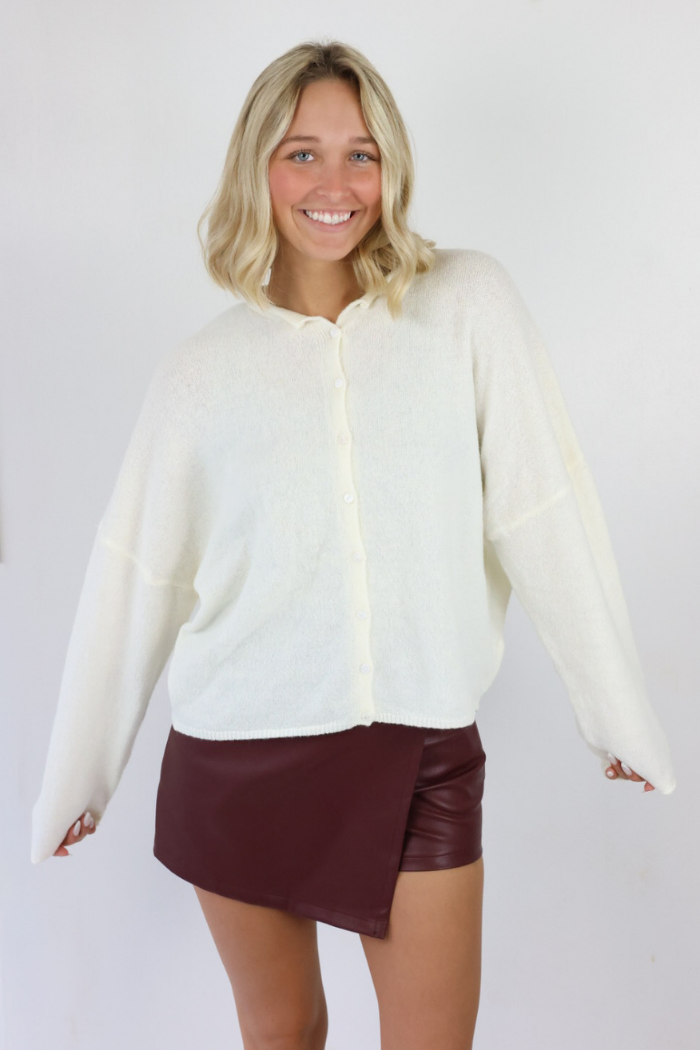 Roll Neck Lightweight Cardigan in Ivory – Finnleys