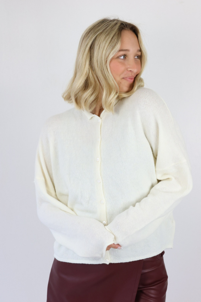 Roll Neck Lightweight Cardigan in Ivory – Finnleys